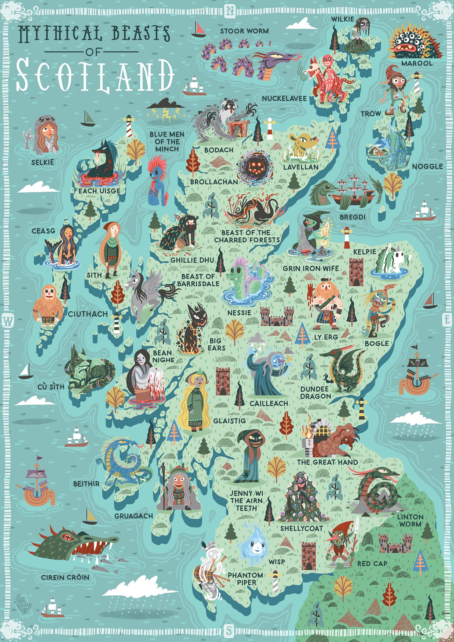 Illustrated Map, Mythical Beasts of Scotland, A3 Art Print - Etsy
