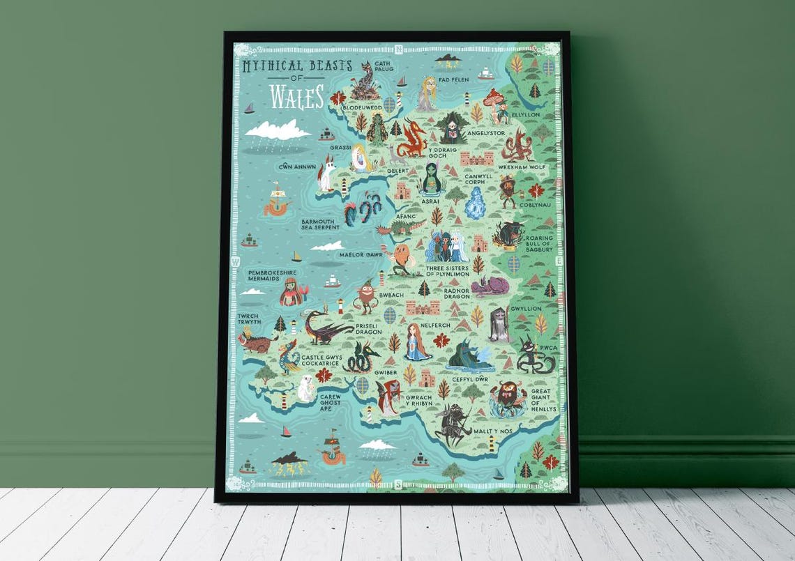 Illustrated Map, Mythical Beasts of Wales, A3 Art Print - Poster - Etsy
