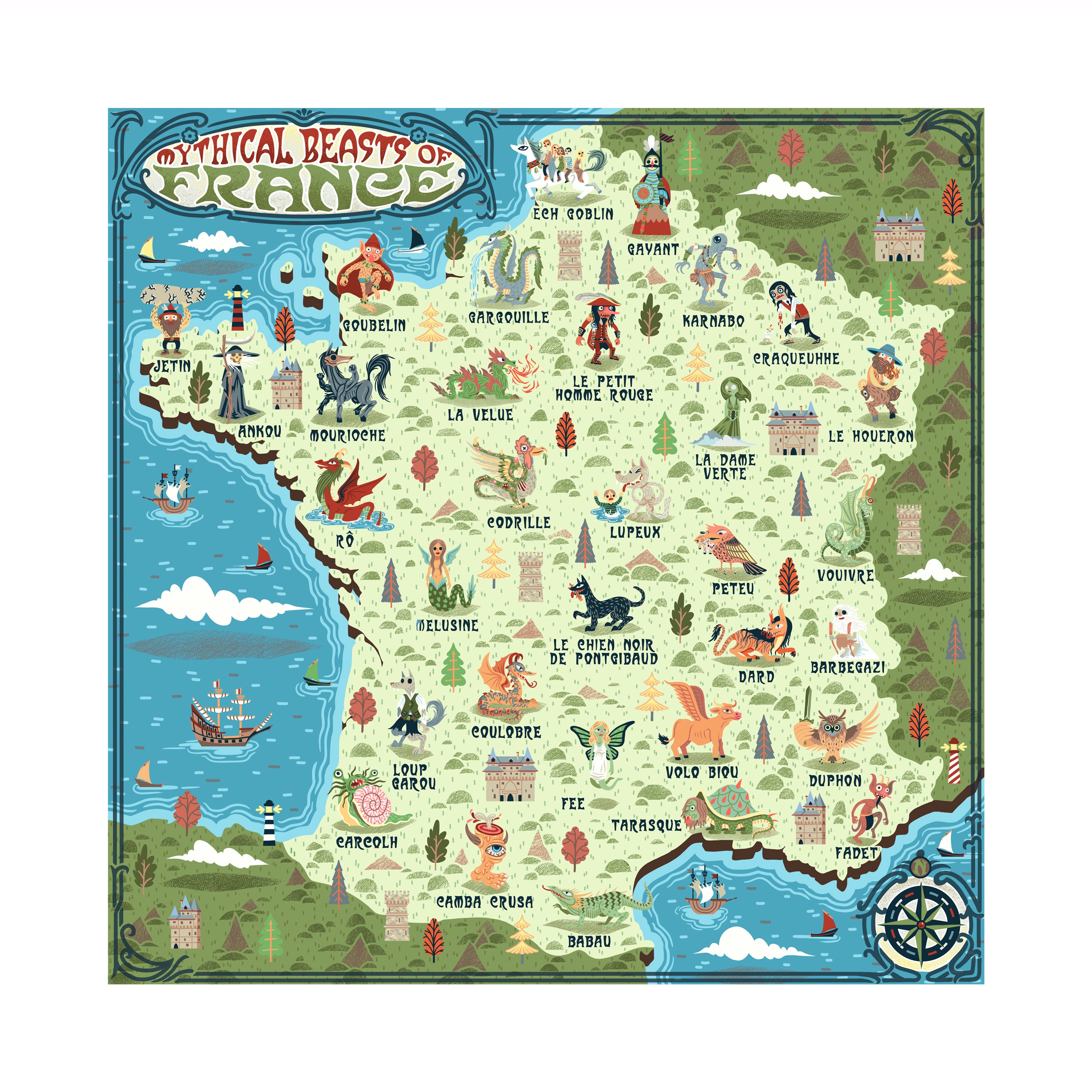 Illustrated Map Mythical Beasts of France Art Print - Etsy Polska