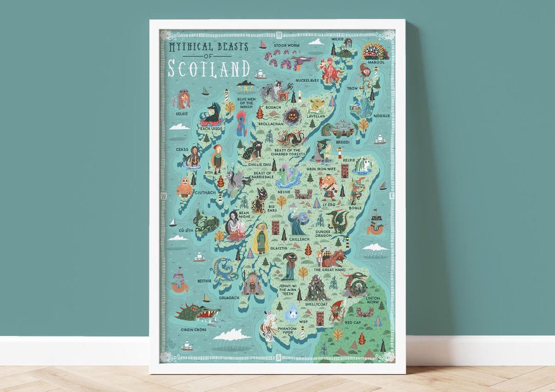 Mythical Beasts of Scotland - Illustrated Map - Fine Art Print - Giclee ...