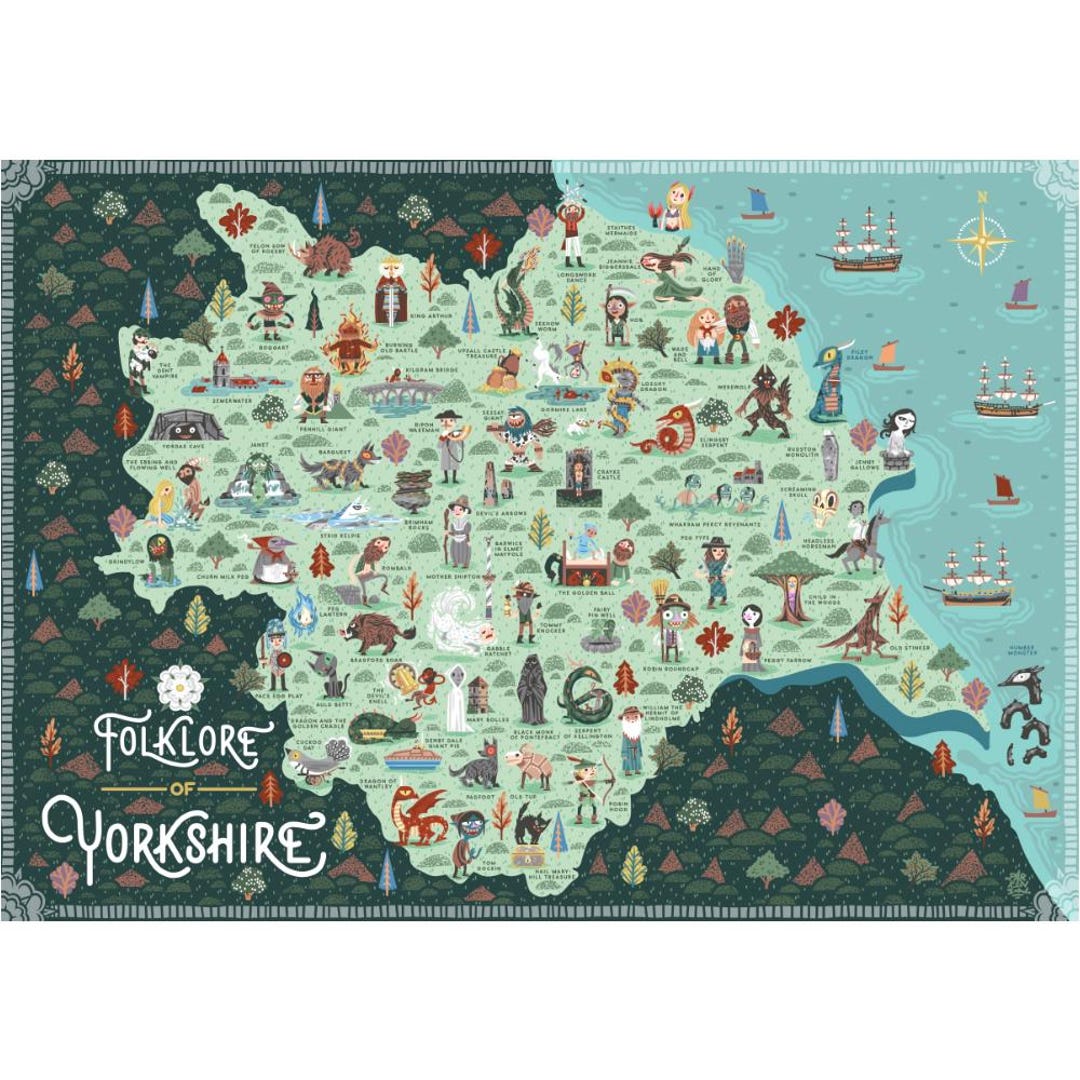 Folklore of Yorkshire an Illustrated Map - A3 Art Print - Poster - Etsy