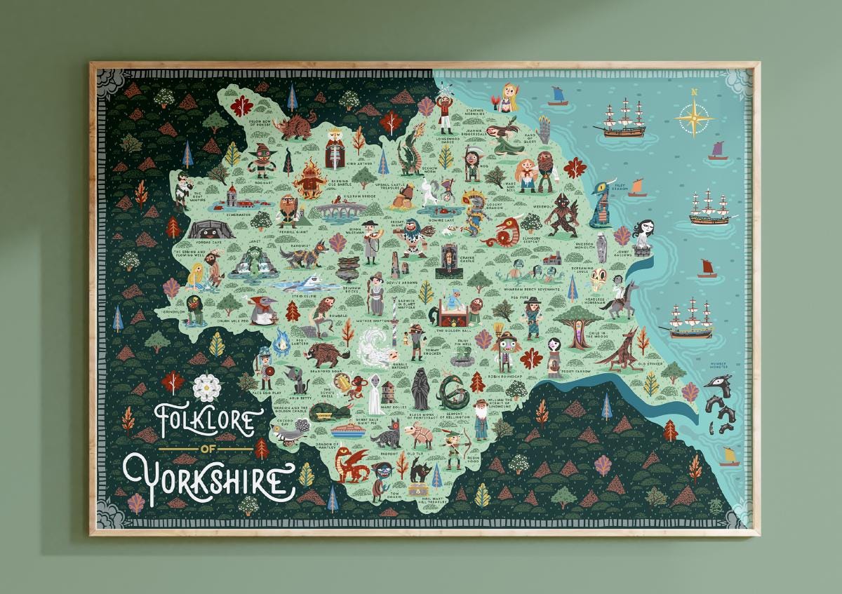 Folklore of Yorkshire an Illustrated Map - A3 Art Print - Poster - Etsy ...