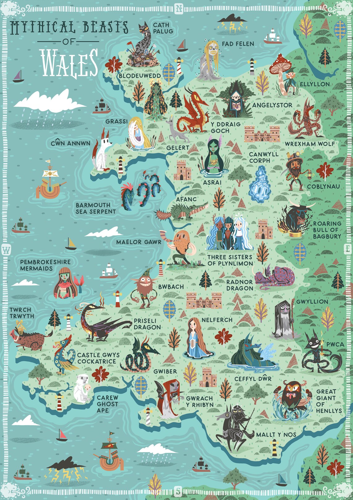Illustrated Map Mythical Beasts of Wales A3 Art Print - Etsy Canada