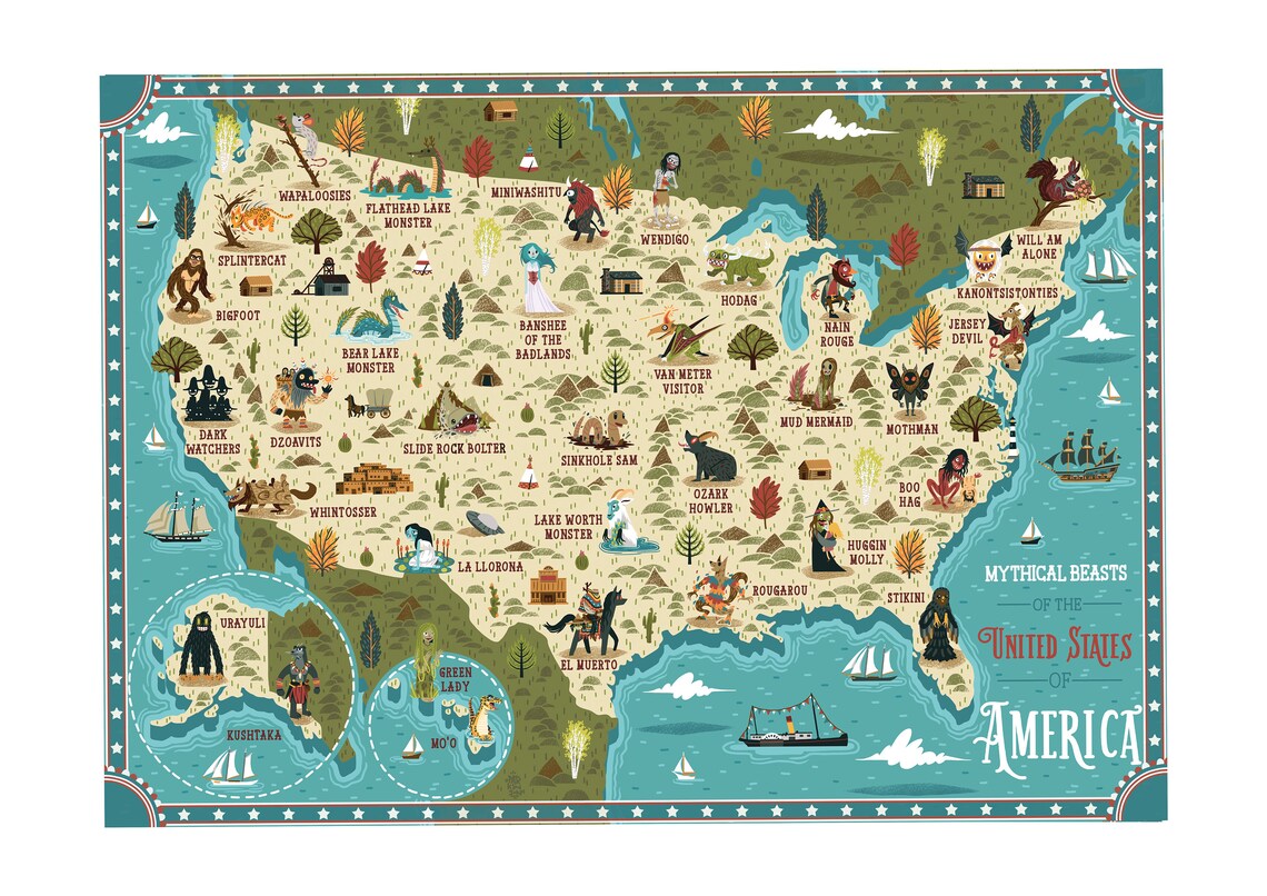 Illustrated Map Mythical Beasts of the United States of - Etsy UK
