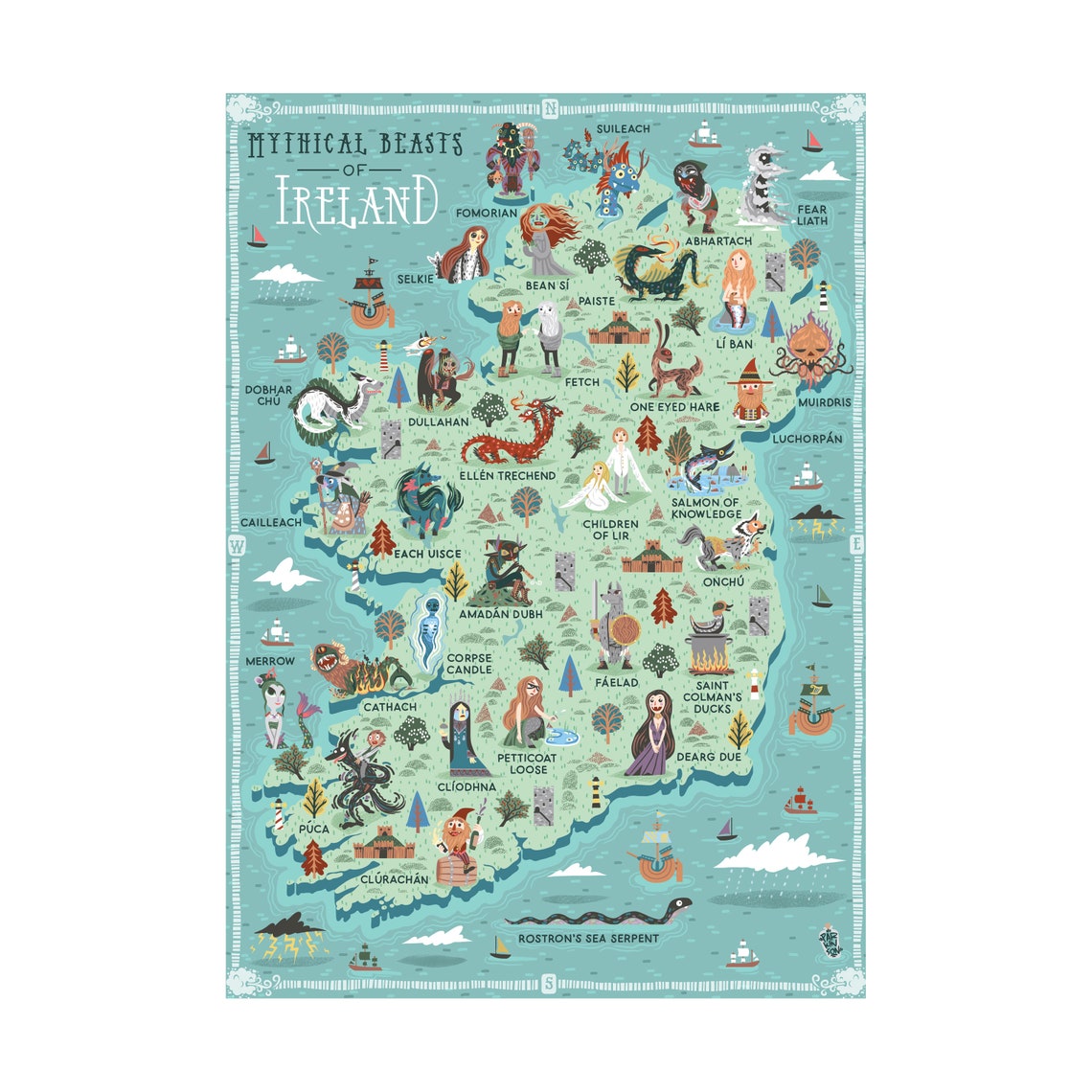 Illustrated Map Mythical Beasts of Ireland A3 Digital Print | Etsy