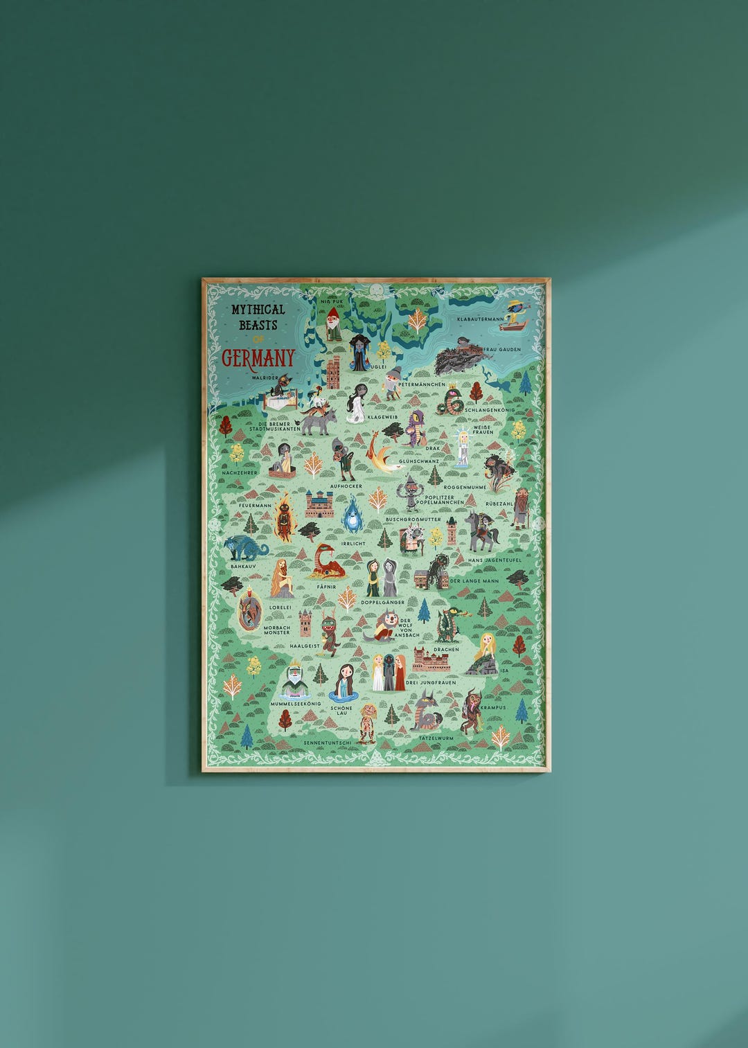 Mythical Beasts of Germany - Illustrated Map - Fine Art Giclee Print - Etsy