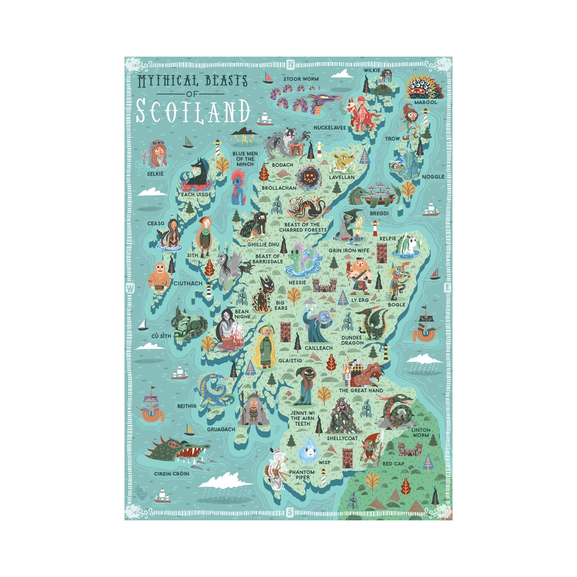 Illustrated Map Mythical Beasts of Scotland A3 Art Print - Etsy