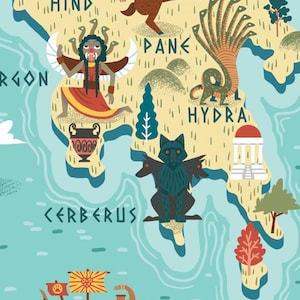 Illustrated Map, Mythical Beasts of Ancient Greece, Art Print -poster ...