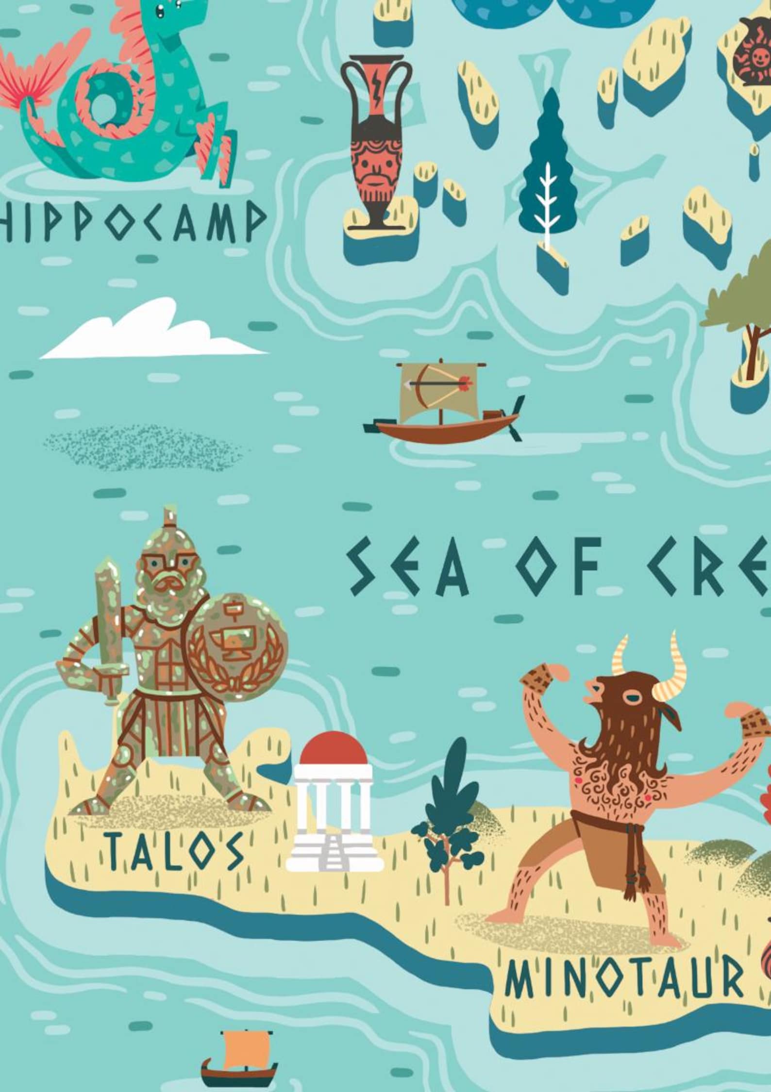 Illustrated Map, Mythical Beasts of Ancient Greece, Art Print -poster ...