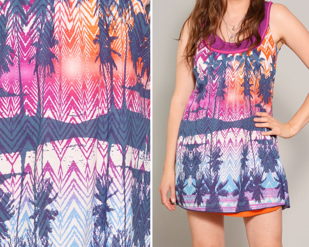 Size 6 Tropical Palm Tree Sunset Print Tunic Dress Relaxed Fit Airy ...