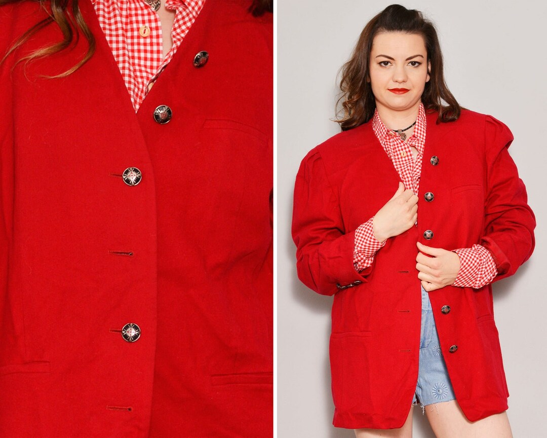 Size 14 Long Red Wool Jacket Decorative Button Jacket 80s V Neckline ...
