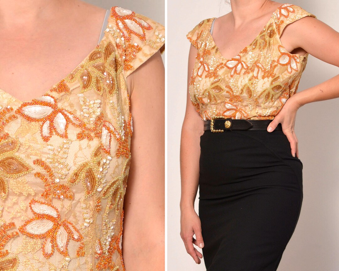 Size 10 12 Heavily Beaded Beige Orange Party Top Sequin Floral Pattern ...