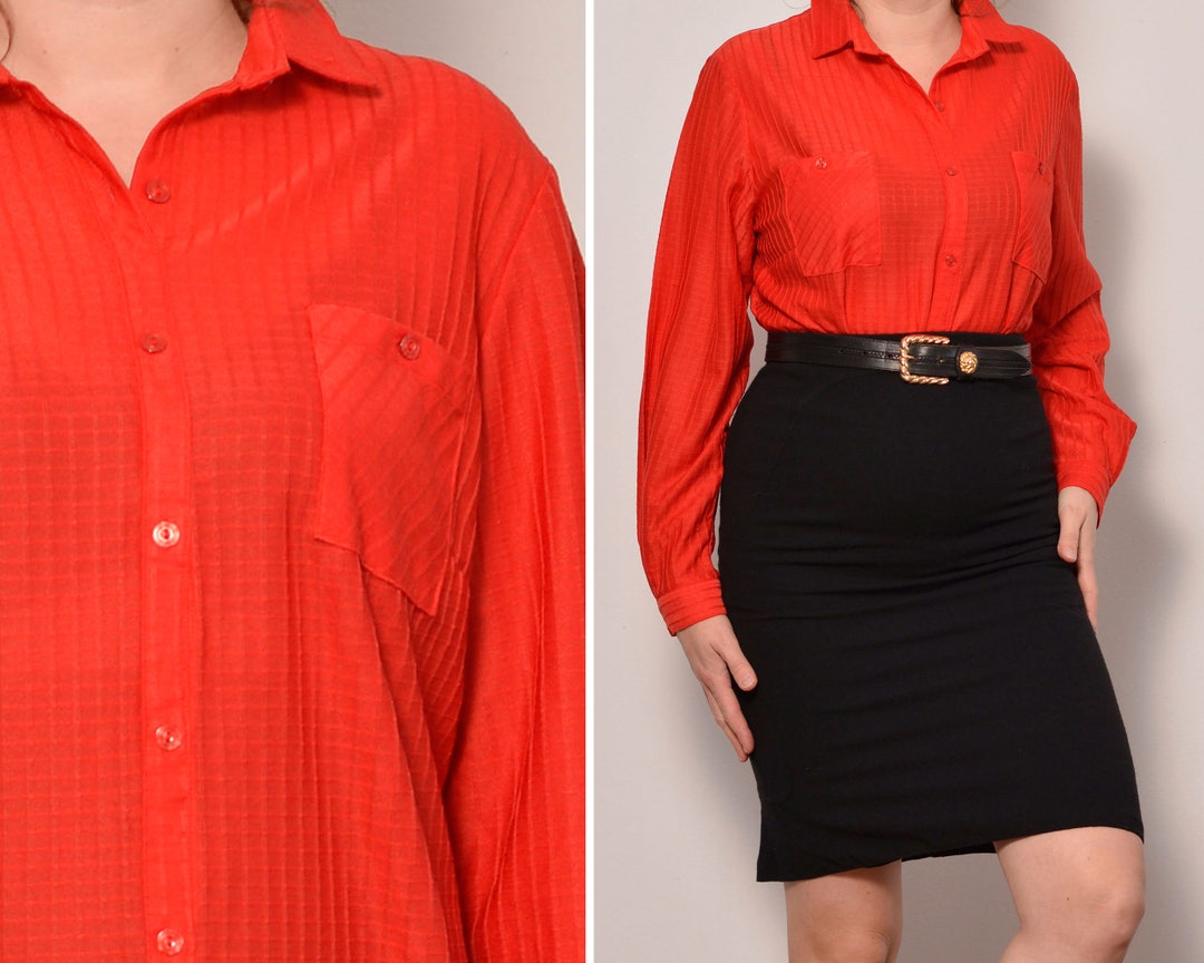 Size 8 10 Plaid Texture 70s Vintage Hot Red Blouse Chest Pockets ...
