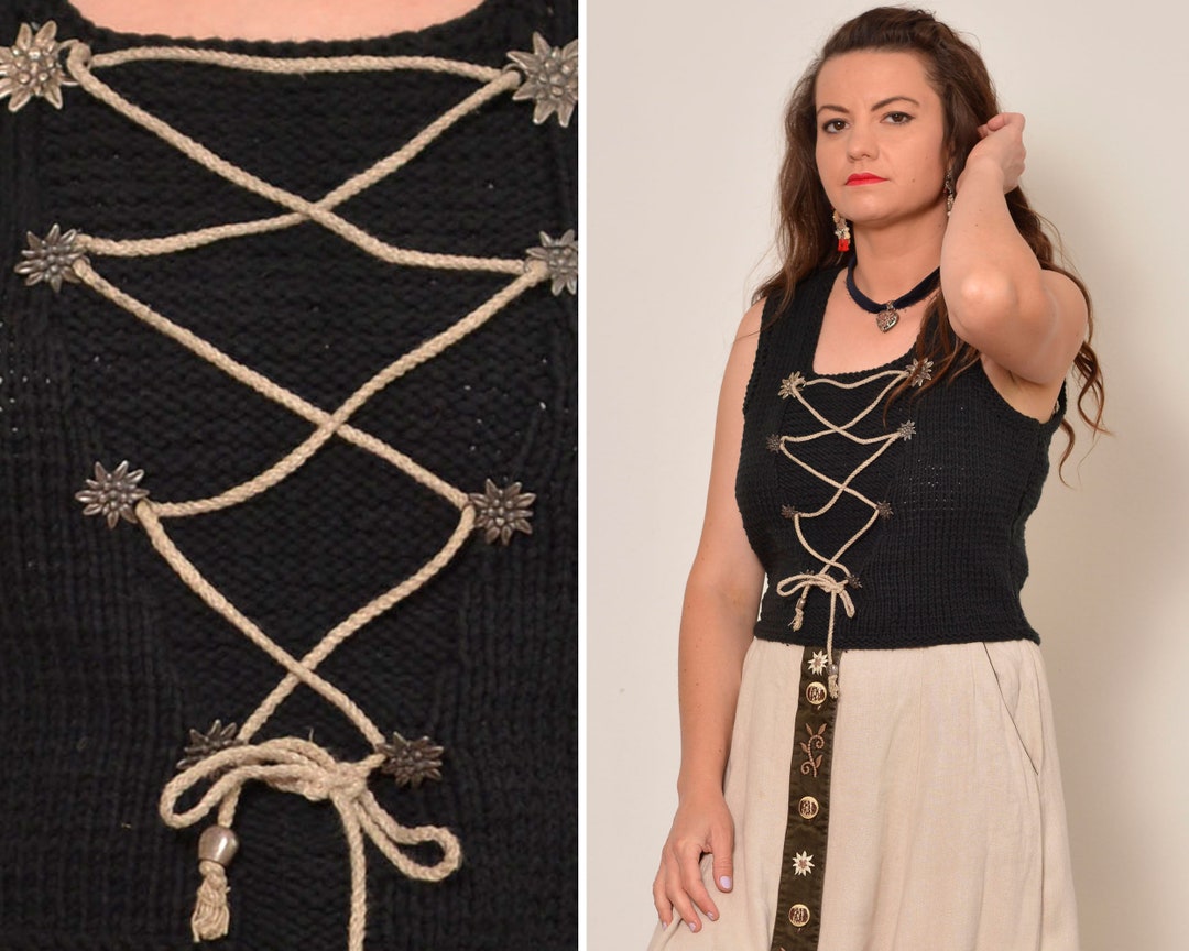 Size 10 Edelweiss Metal Grommet Black Sweater Vest Lace up Jute Twine ...