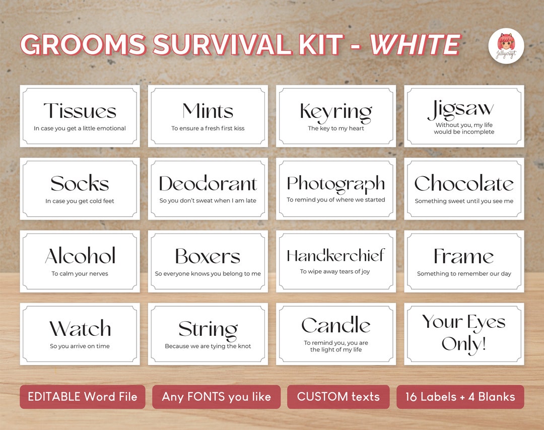 Personalized Editable Groom Survival Kit Instant Download White, Labels ...