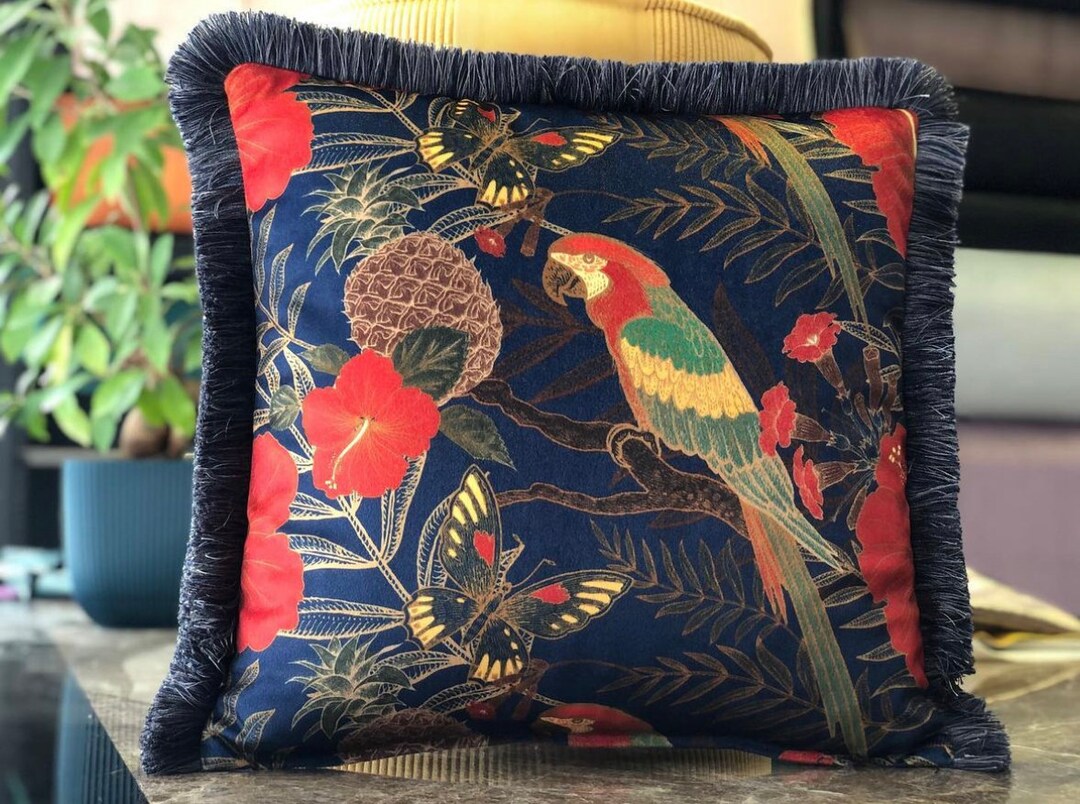 Stylish Parrot Bird Velvet Throw Pillow Cushion Cover With Fringe Edges ...
