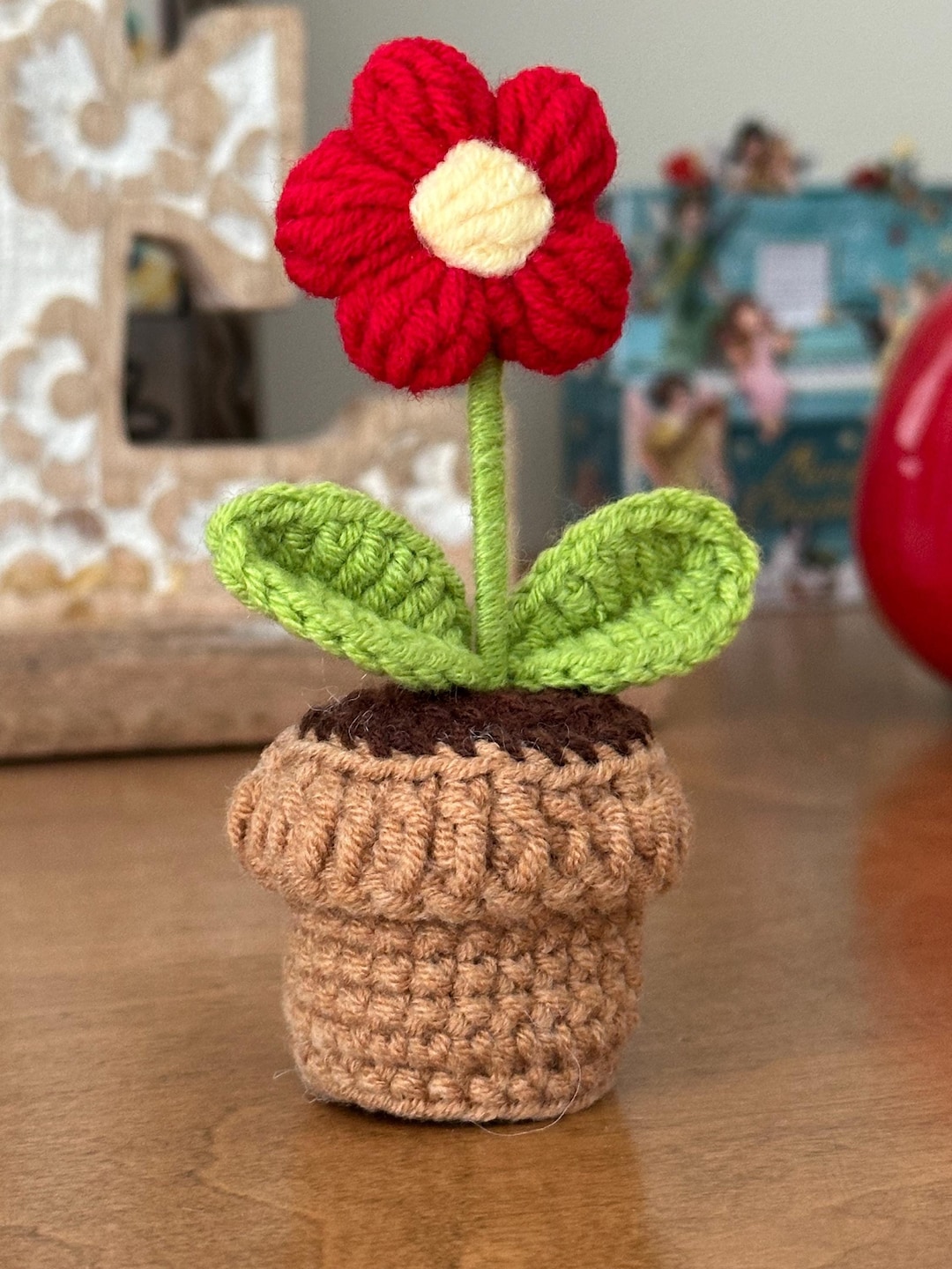 Crochet Red Flower Pot , Cute Handmade Knitted Red Flower, Wedding Gift ...