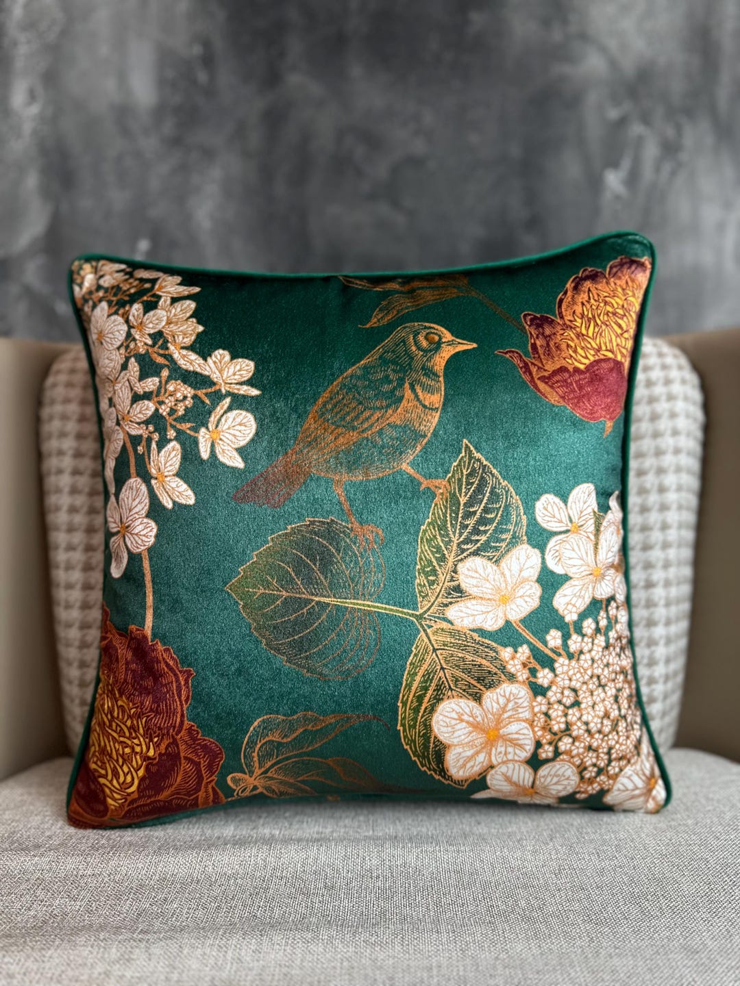 Floral Bird Green Velvet Throw Pillow Cover With Piping Edges, Boho ...
