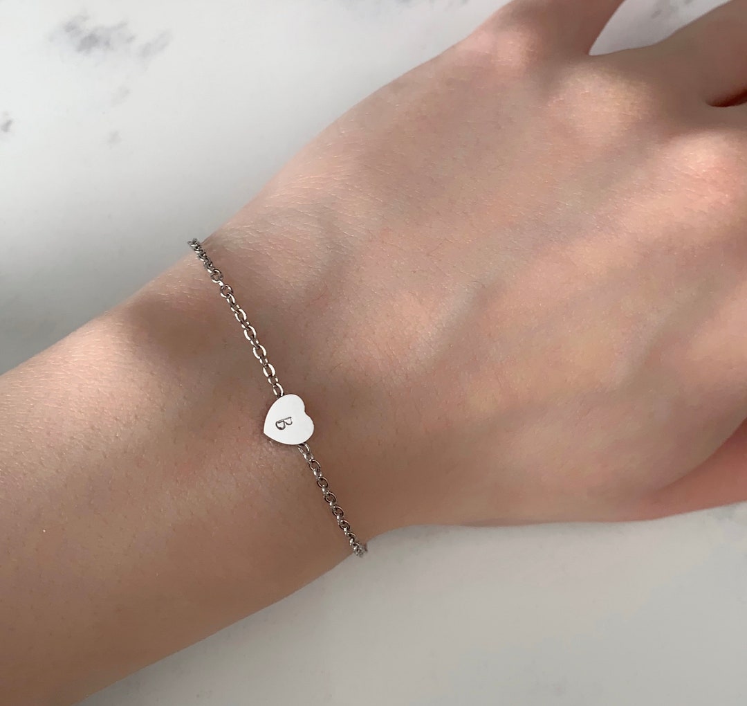 Personalized Heart Initial Charm Bracelet | Custom Handstamped Letter ...