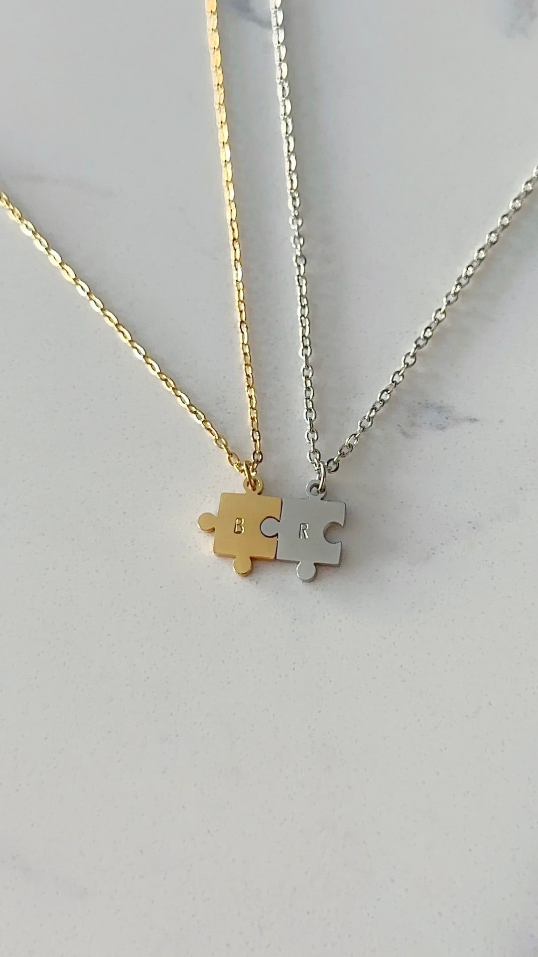 TWO Personalized Puzzle Necklaces Silver Gold Initial Charms | Custom ...