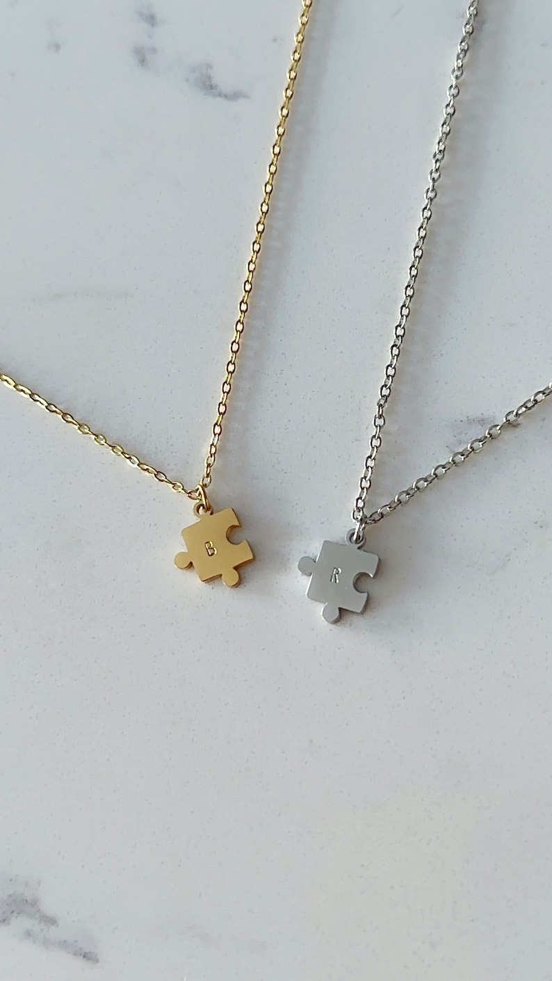 TWO Personalized Puzzle Necklaces Silver Gold Initial Charms | Custom ...