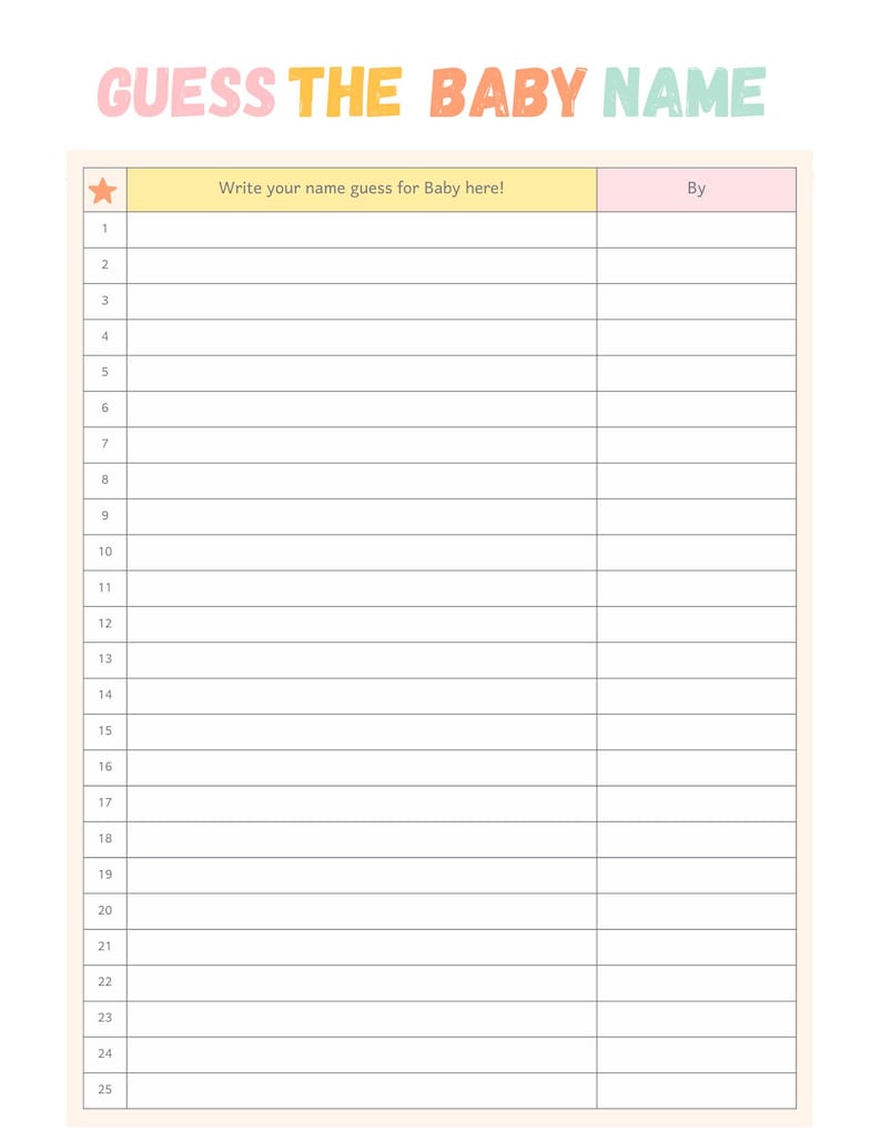Guess the Baby Name Baby Shower List Downloadable Printable PDF ...