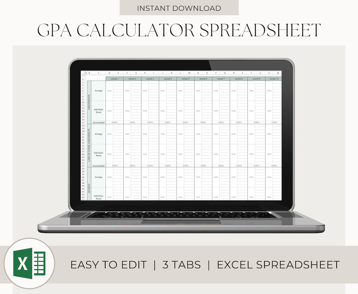 GPA Calculator Excel Spreadsheet | Digital GPA Calculator | GPA Calculator Template - Etsy