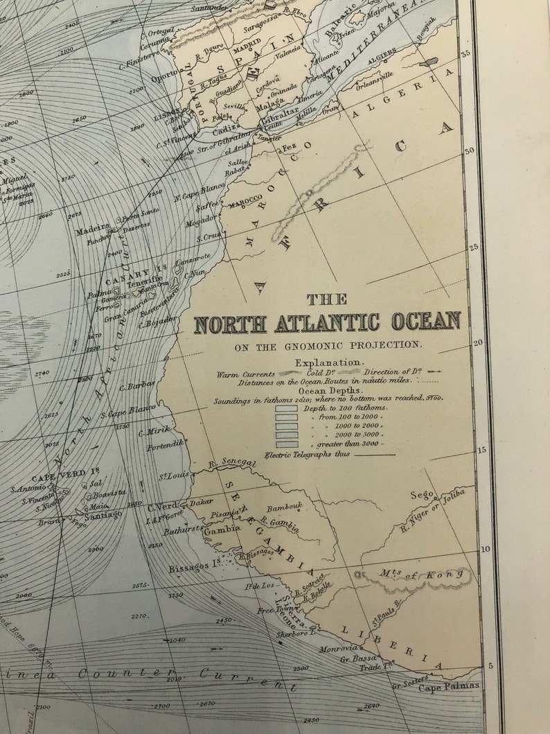 The North Atlantic Ocean Map - Antique Print 1883. - Etsy