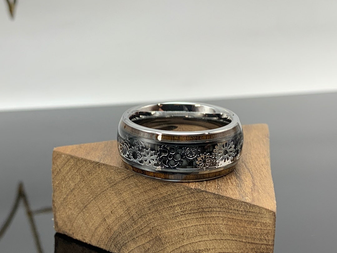 Mens Mechanical Gear Ring, Silver Tungsten With Carbon Fiber & Wood ...
