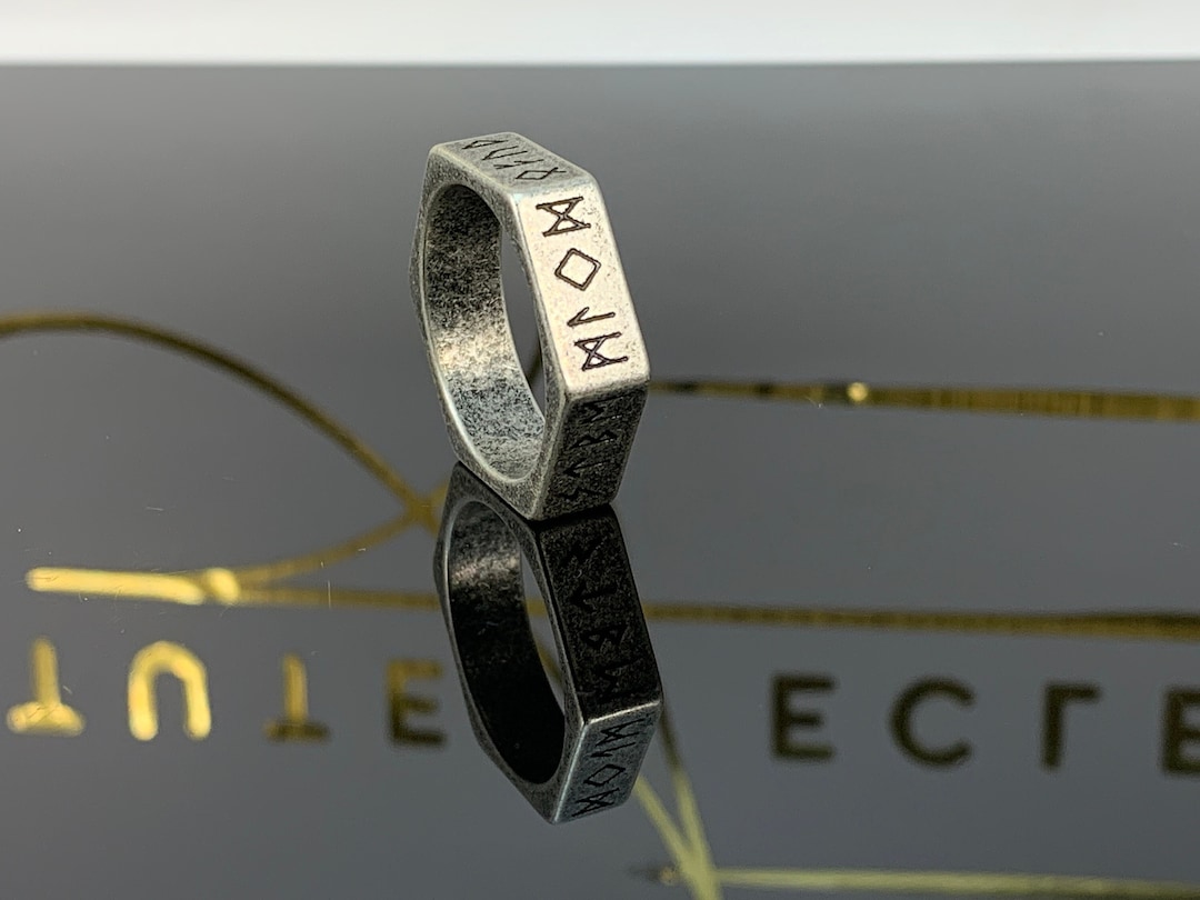 Men’s Norse Wedding Ring, Titanium Hexagonal Band in Ancient Silver ...