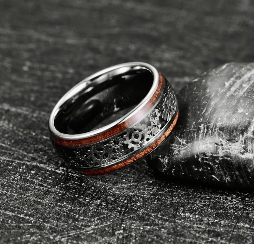 Mens Mechanical Gear Ring Silver Tungsten Black Carbon Fiber - Etsy
