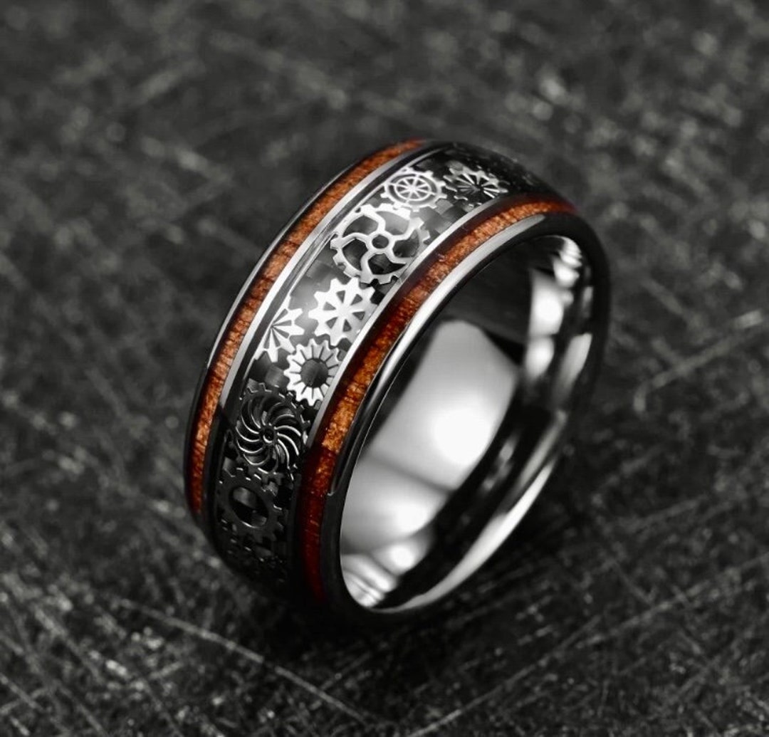Mens Mechanical Gear Ring Silver Tungsten Black Carbon Fiber - Etsy