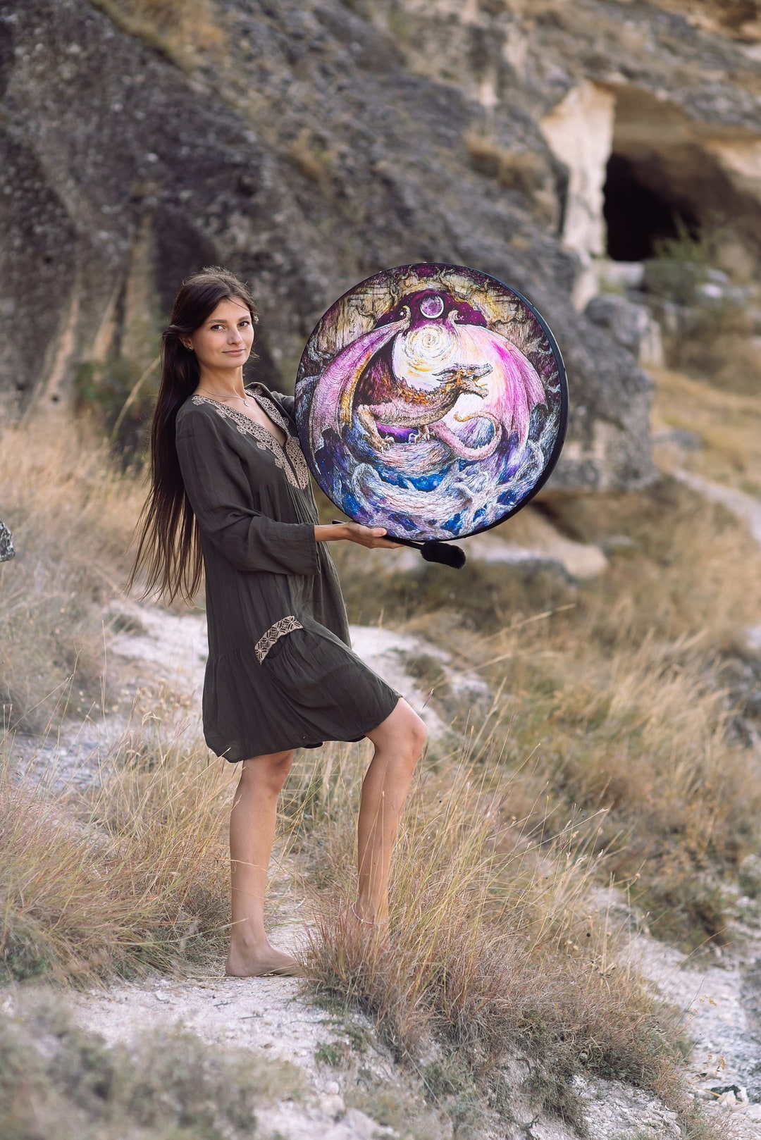 Wood Dragon Shaman Drum 24" - Vegan Healing Percussion, Deep Bass - Etsy