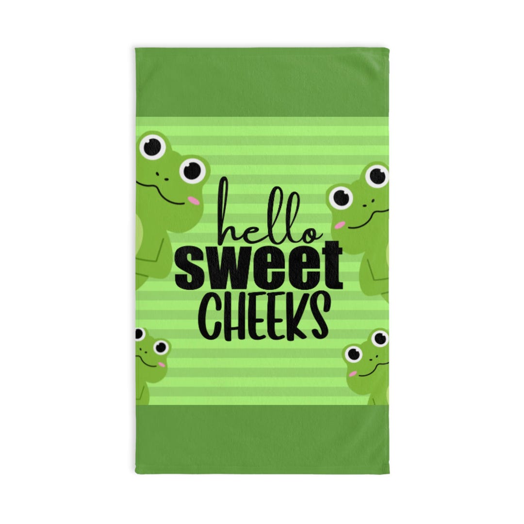 Hello Sweet Cheeks Frog Design Hand Towel | Green Striped Bathroom ...