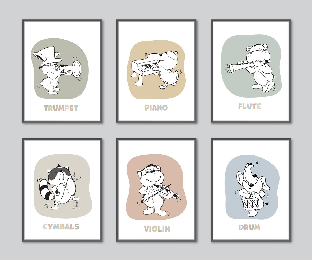Printable Kids Music Poster, Set of 6 Wall Art, Animal Music Band ...