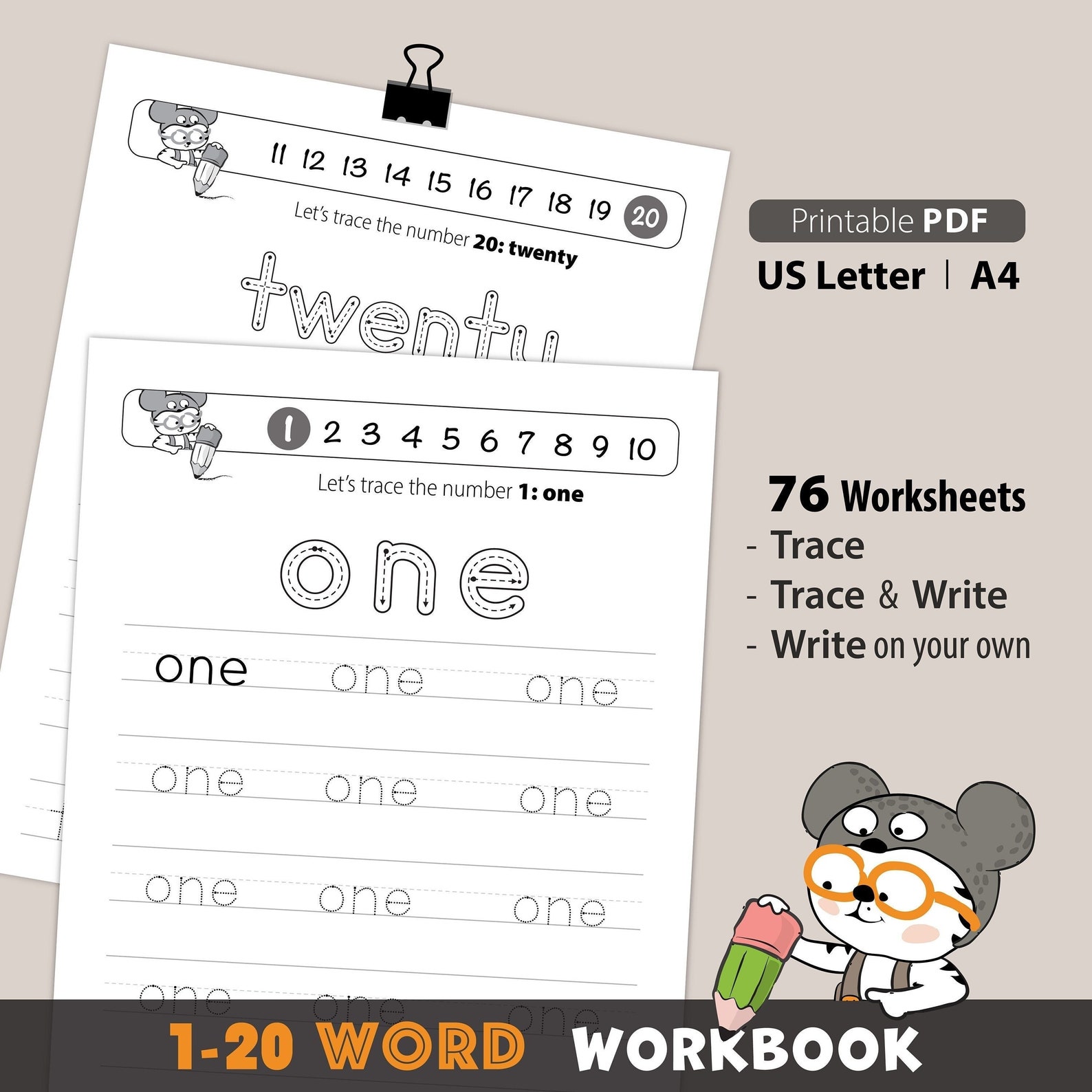Printable 1-20 Word English Workbook, Preschool Number Worksheets ...