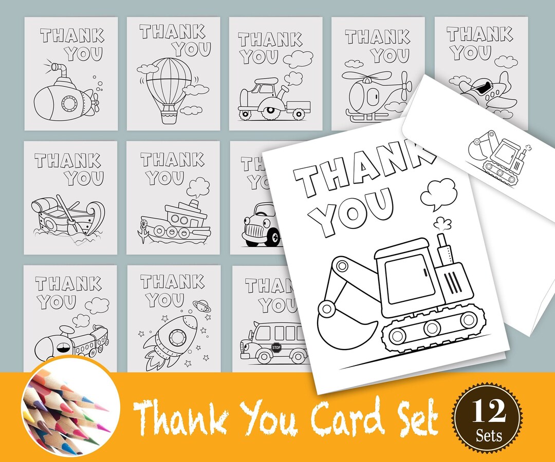12 Transportation Coloring Card & Envelope Thank You Coloring - Etsy