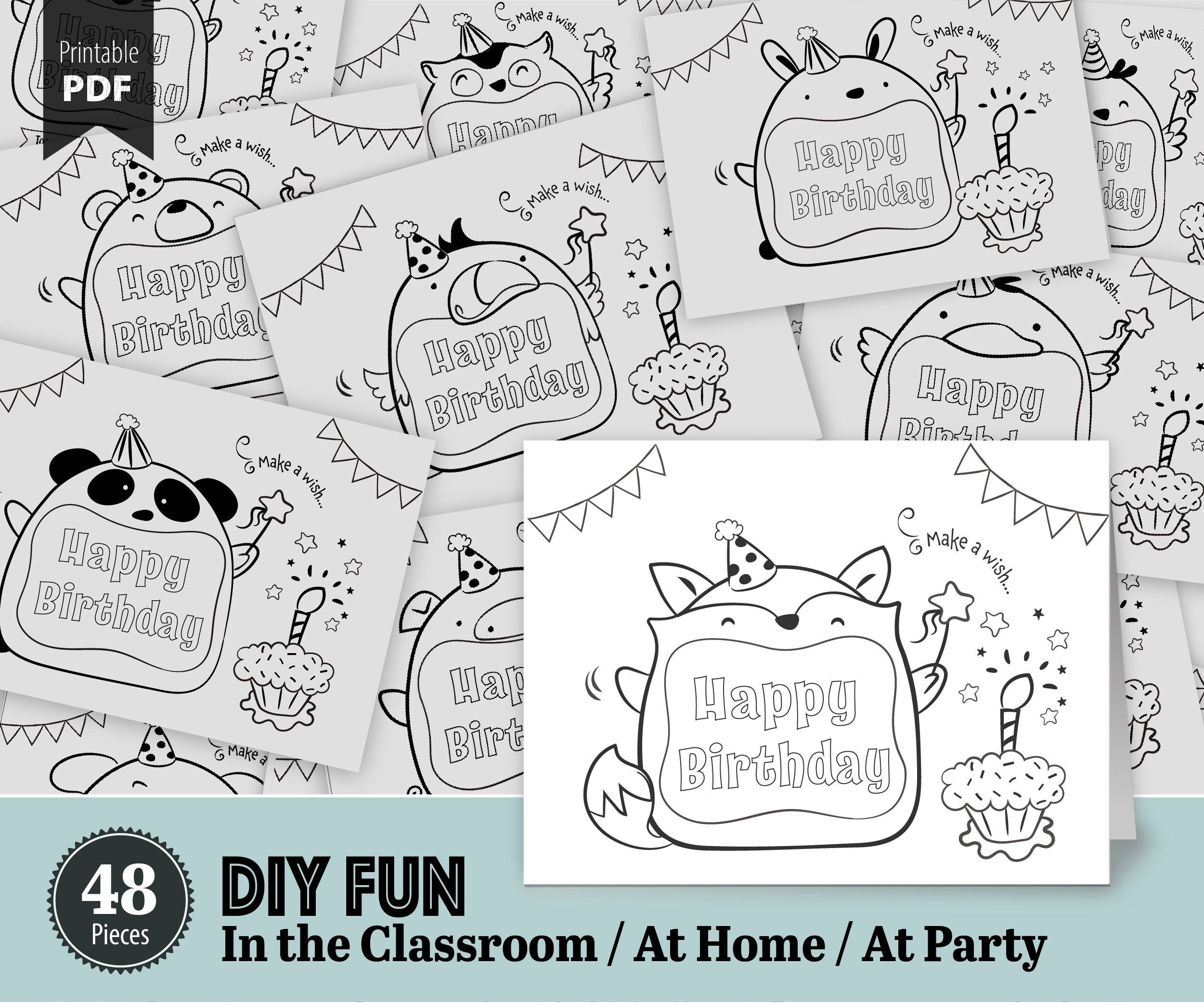 Printable Kids Birthday Card, Animal Coloring Card, Birthday Party ...