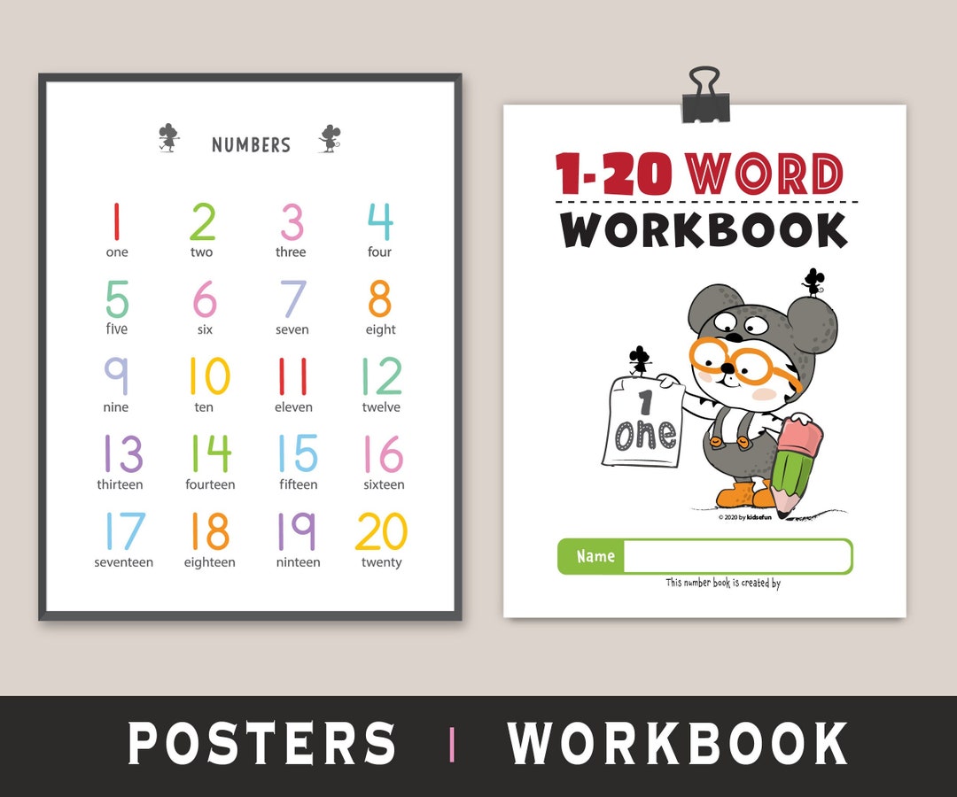 Printable 1-20 English Numbers, Kids Number Poster & Worksheet Combo ...