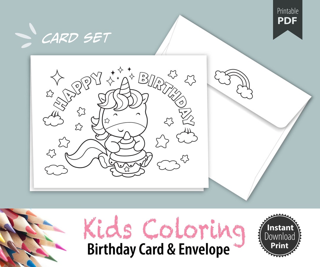 Unicorn Birthday Card, Unicorn Coloring Printable, Kids Coloring PDF ...