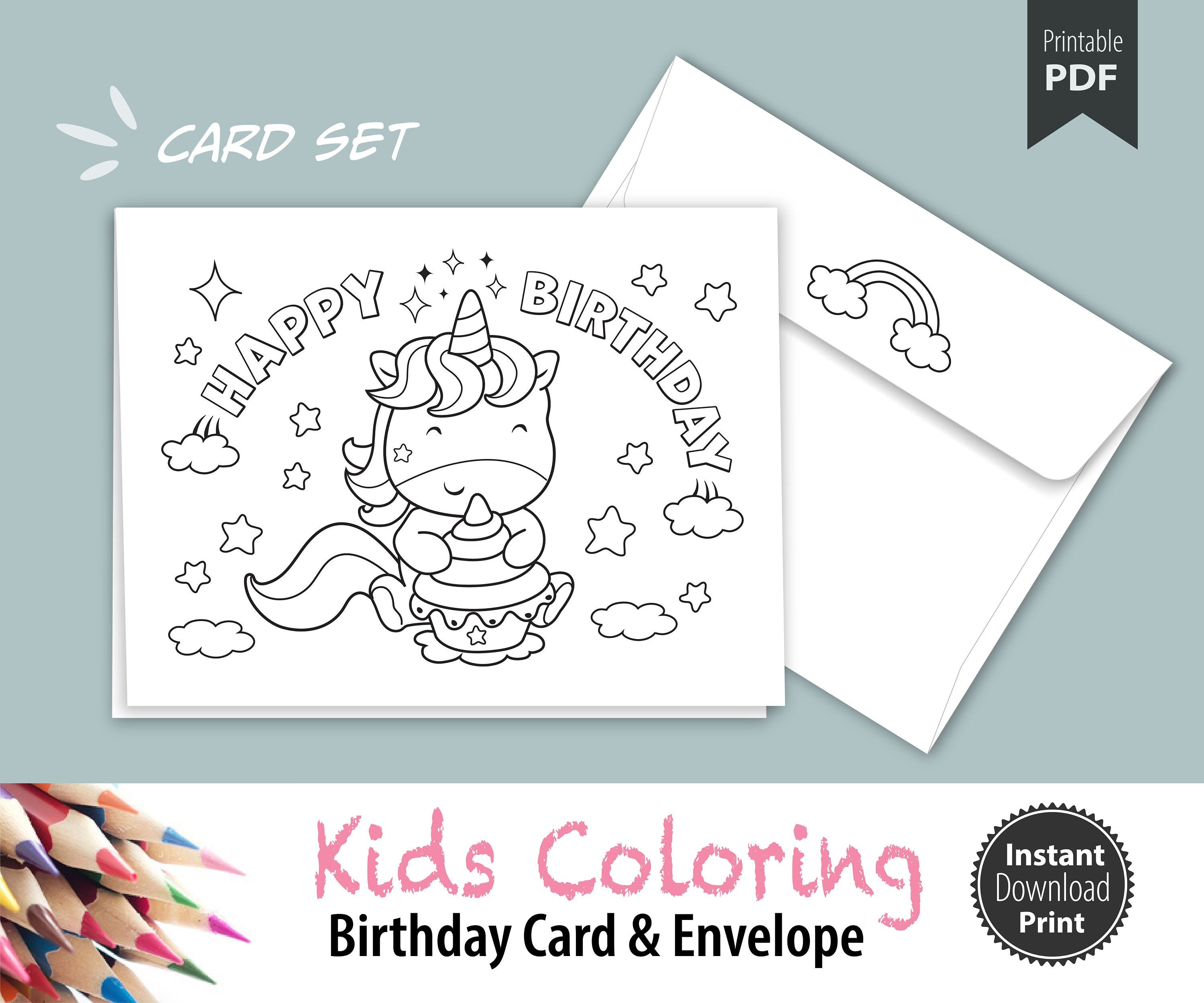 Unicorn Birthday Card, Unicorn Coloring Printable, Kids Coloring PDF ...