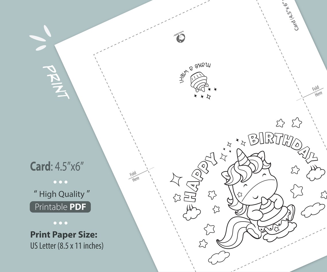 Unicorn Birthday Card, Unicorn Coloring Printable, Kids Coloring PDF ...