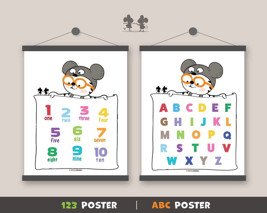 ABC 123 Wall Poster Printable, Cartoon Alphabet, Number Poster, Cute ...