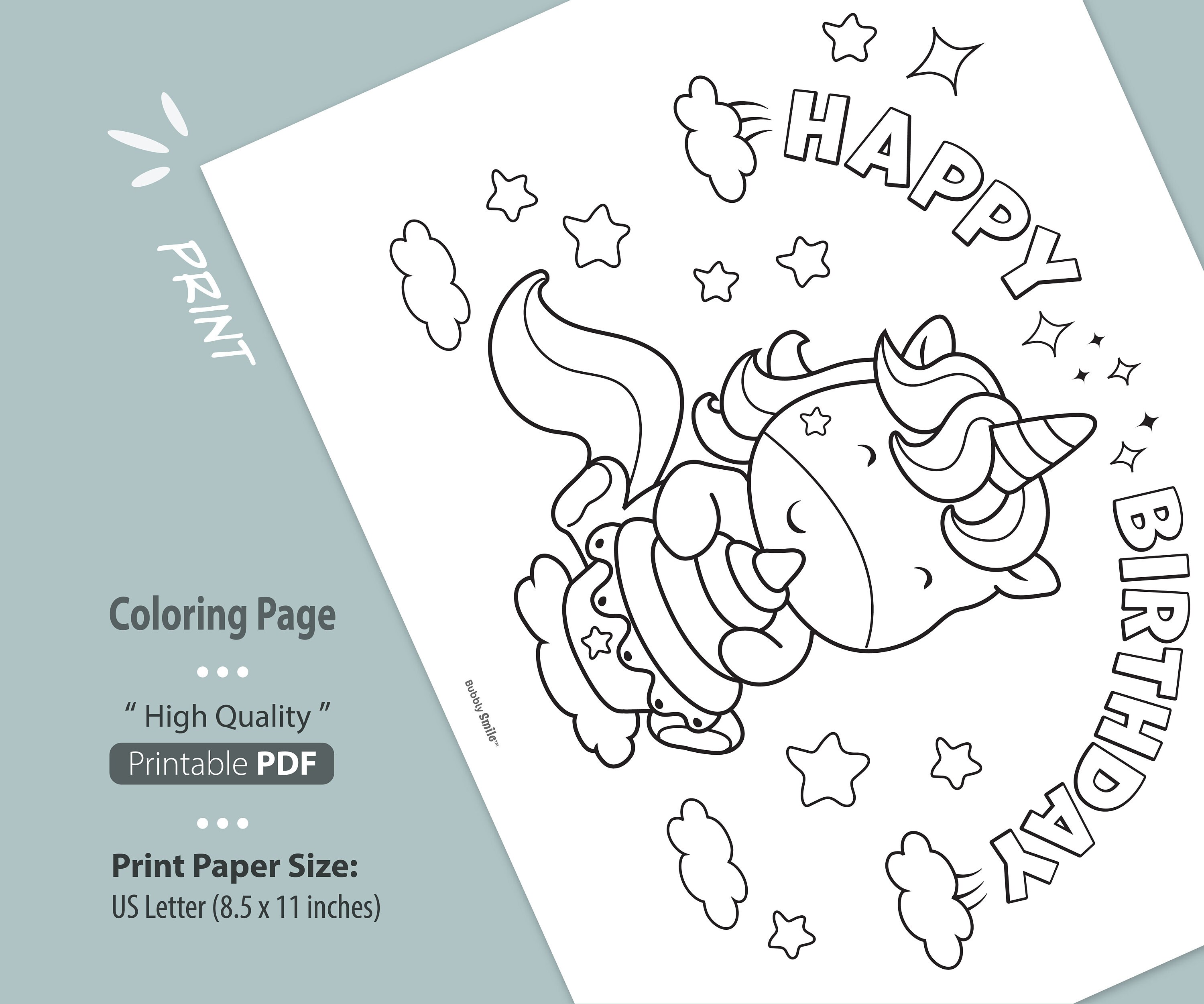 Unicorn Birthday Card, Unicorn Coloring Printable, Kids Coloring PDF ...