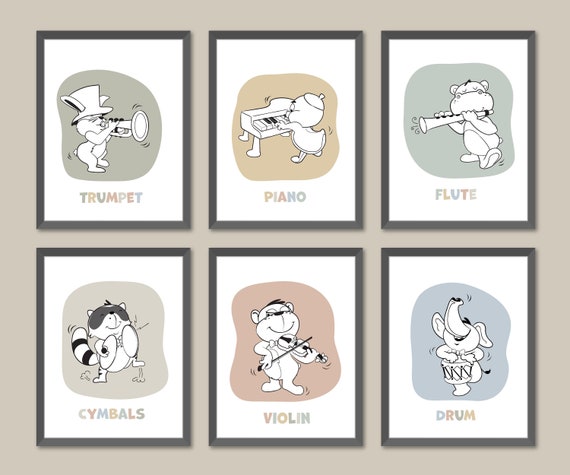 Printable Kids Music Poster Set of 6 Wall Art Animal - Etsy