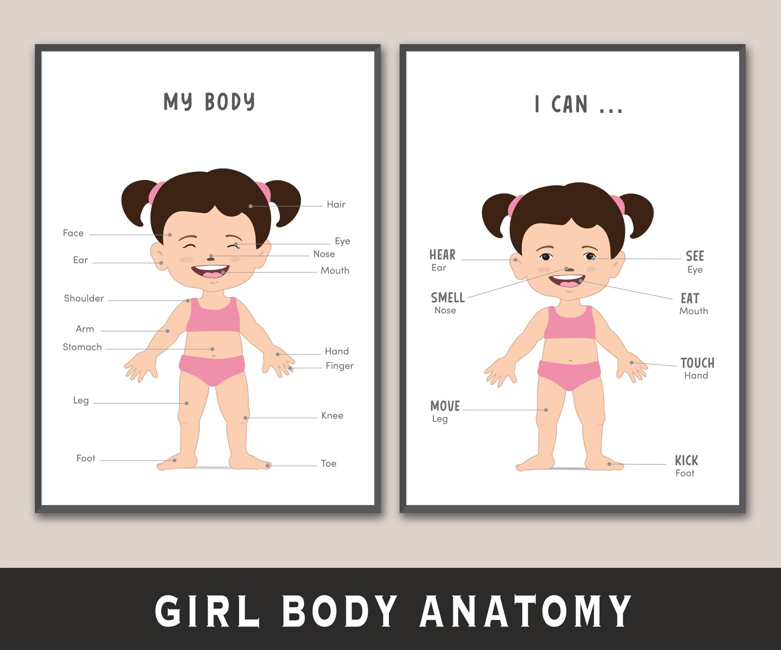 Cute Girl Anatomy Posters, Preschool Girl Body Parts Printable, Girl ...