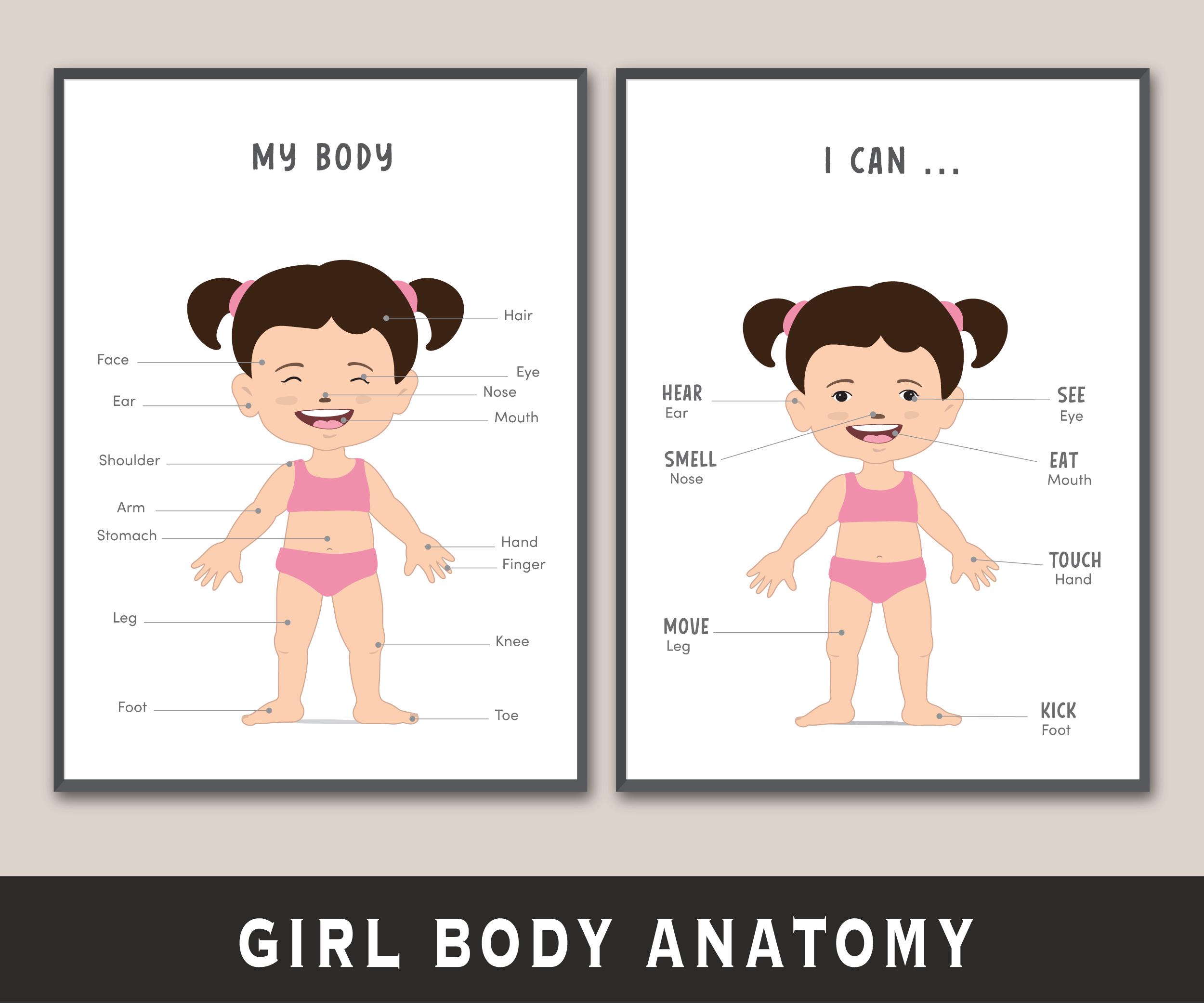 Cute Girl Anatomy Posters, Preschool Girl Body Parts Printable, Girl ...