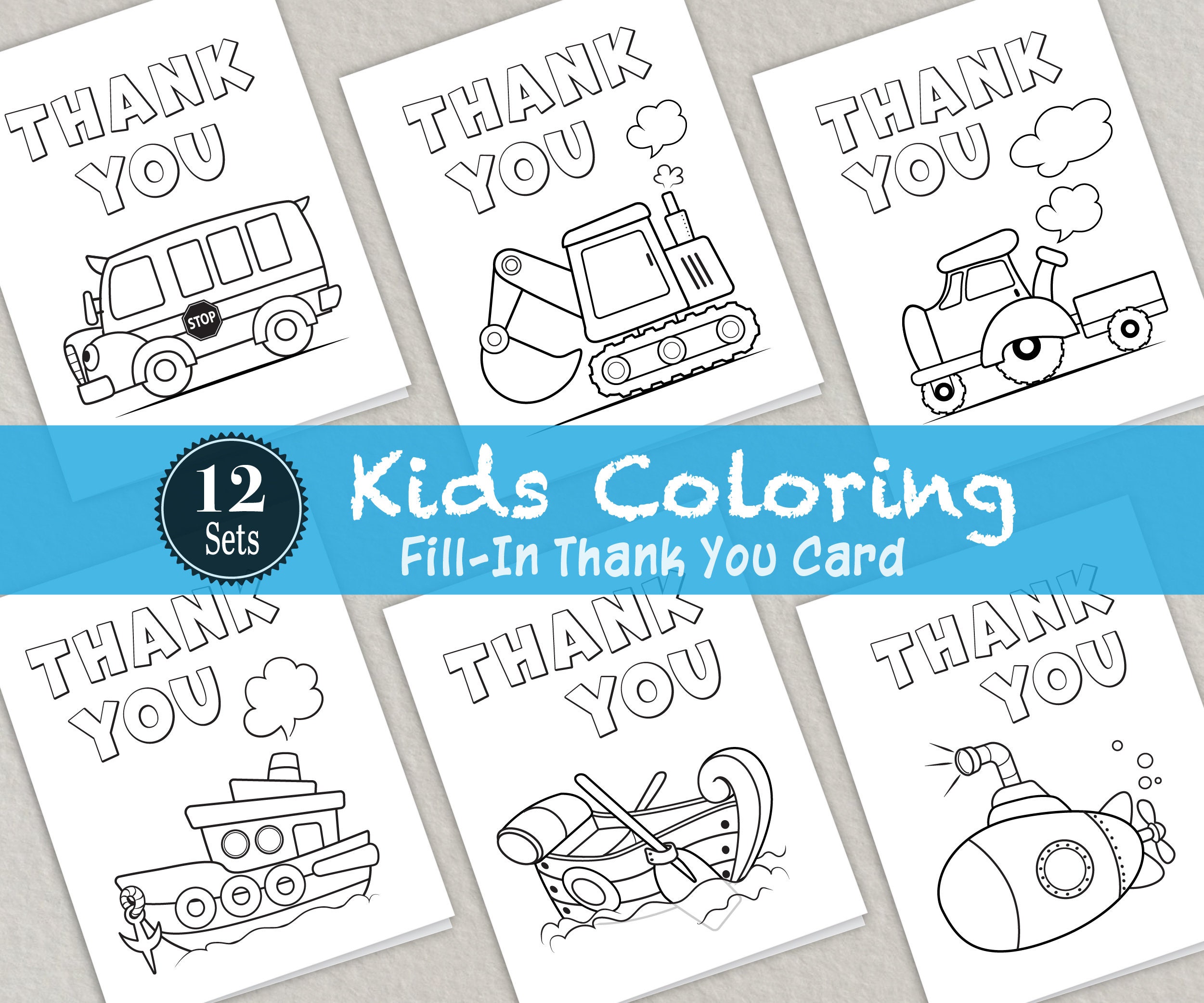 12 Transportation Coloring Card & Envelope, Thank You Coloring Card ...