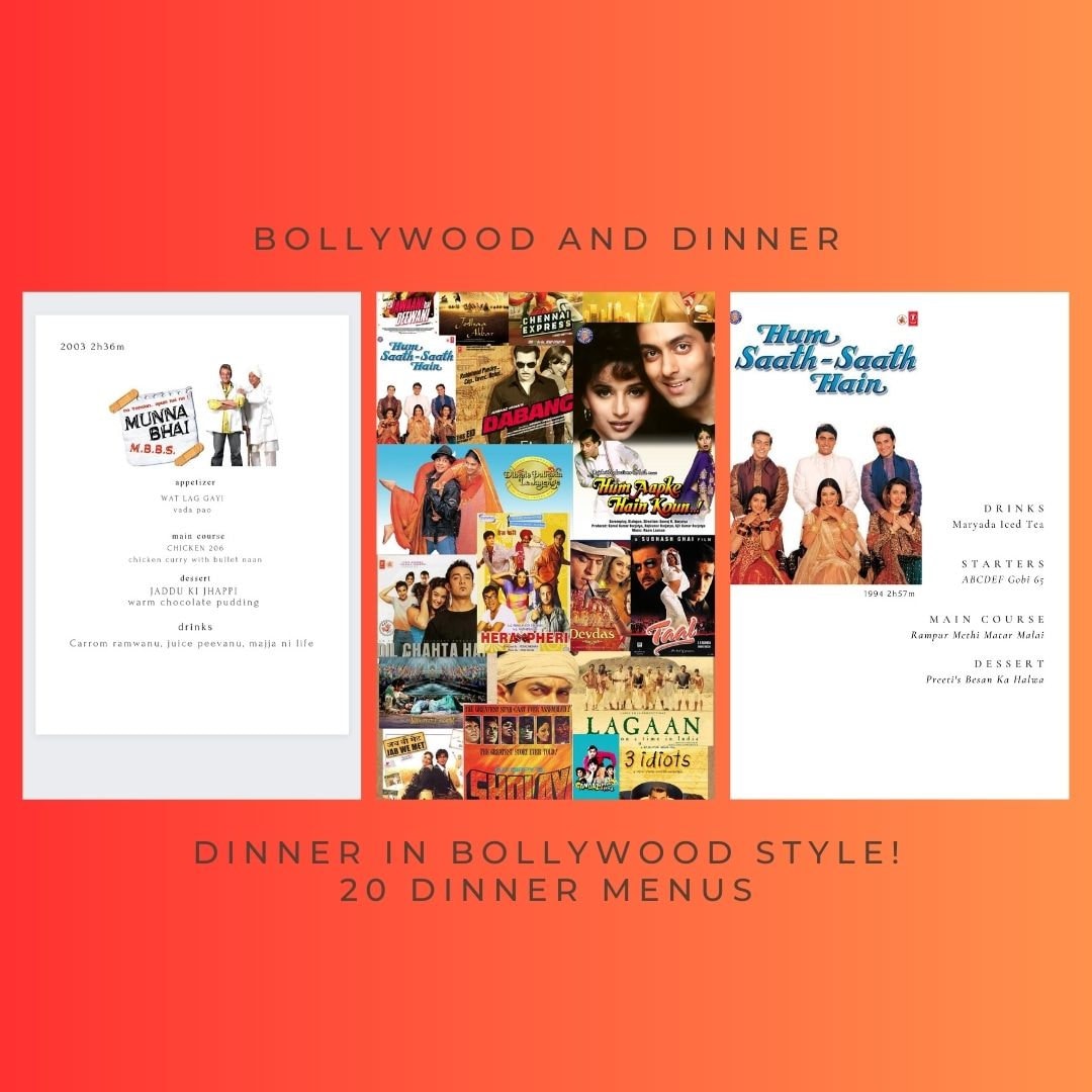 20 Bollywood Dinner and a Movie Menus | Digital Download | Bollywood ...