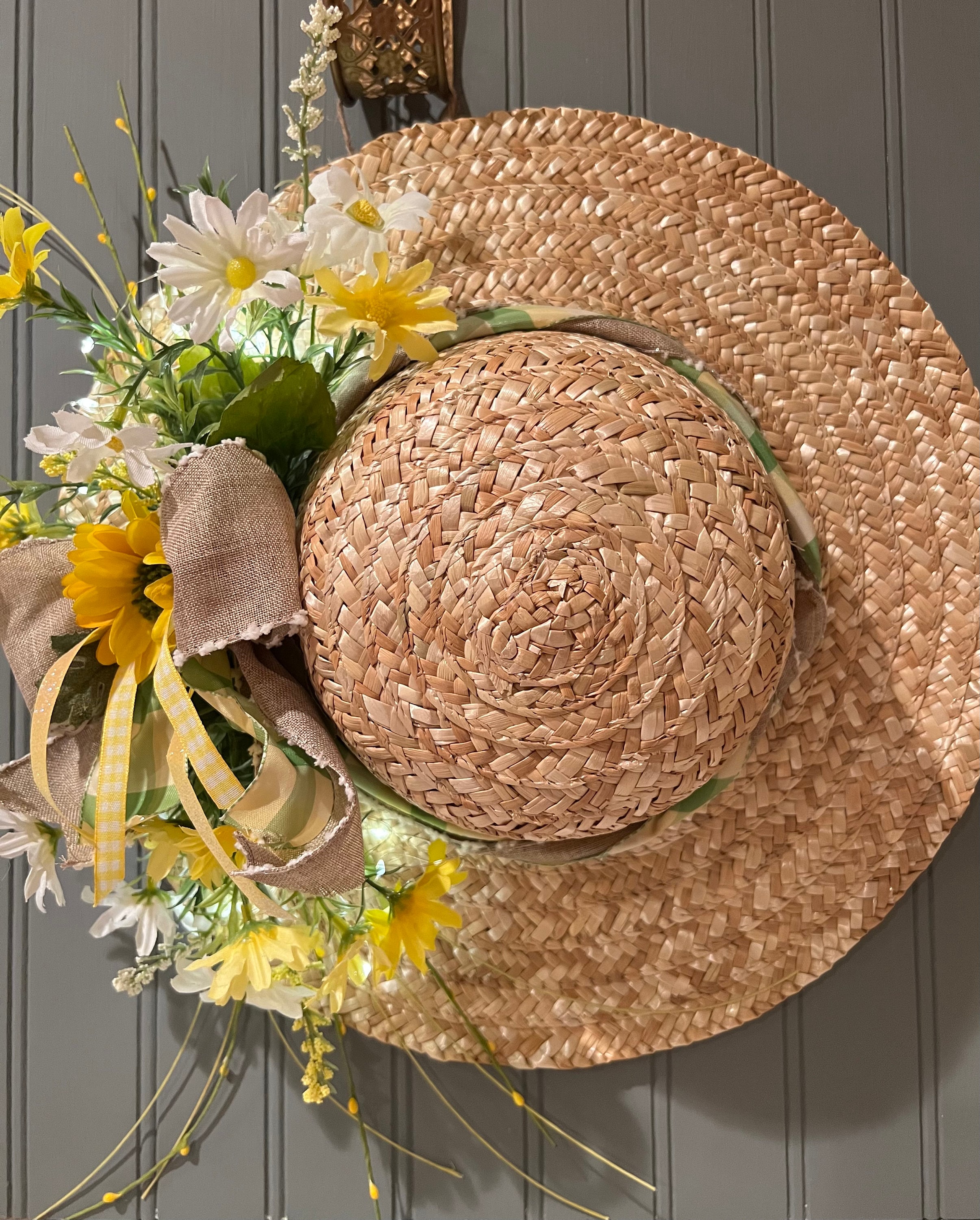 Spring Hanging Hat Wreath With Lights, Spring Floral Wall Decor W ...